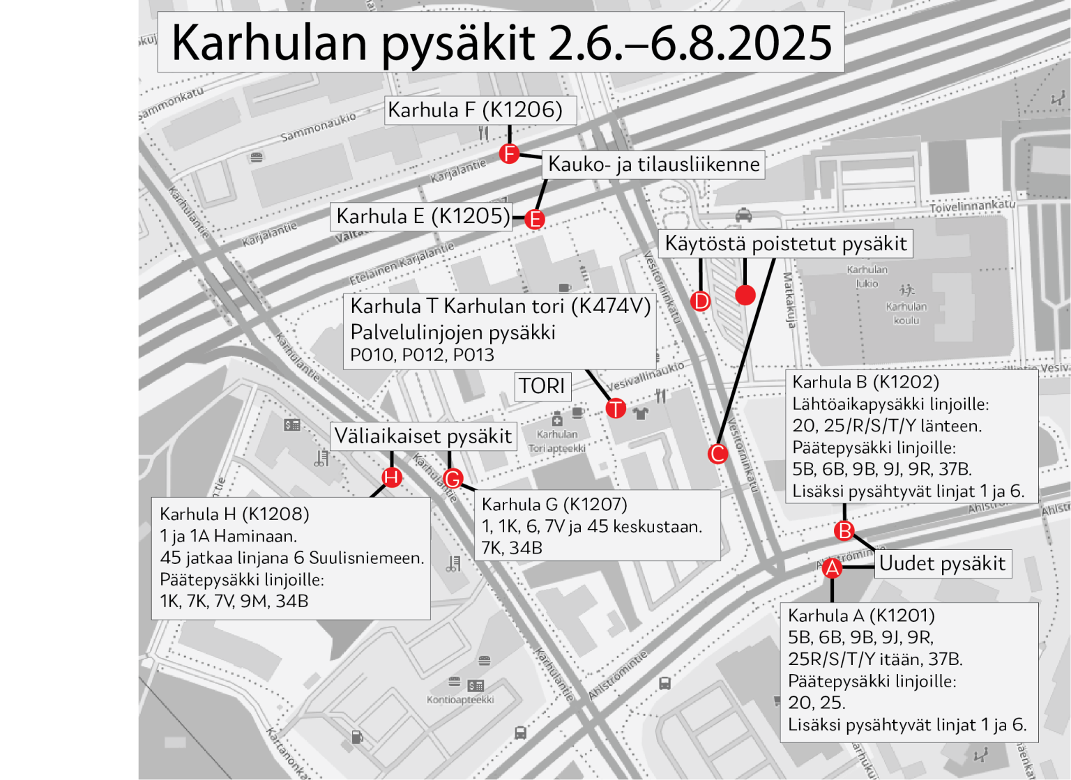 Kotkan keskustan ja Karhulan pysäkkeihin muutoksia 2.6. lähtien - Jonne ja Minne